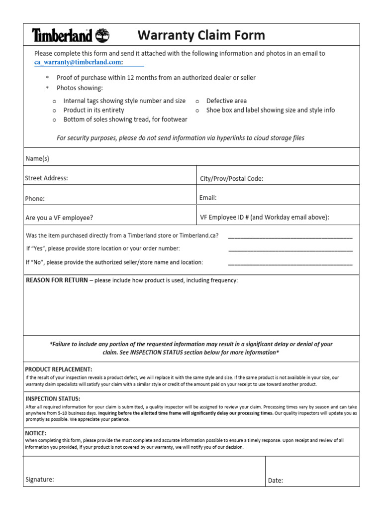Warranty Claim Form Timberland CA-EN | PDF