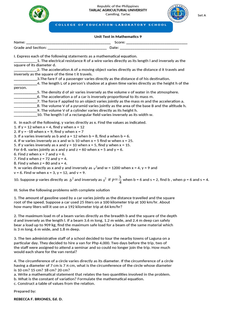 Math 9 Unit Test on Variation SET A | PDF | Volume | Length Math 9 Unit Test on Variation SET A | PDF | Volume | Length