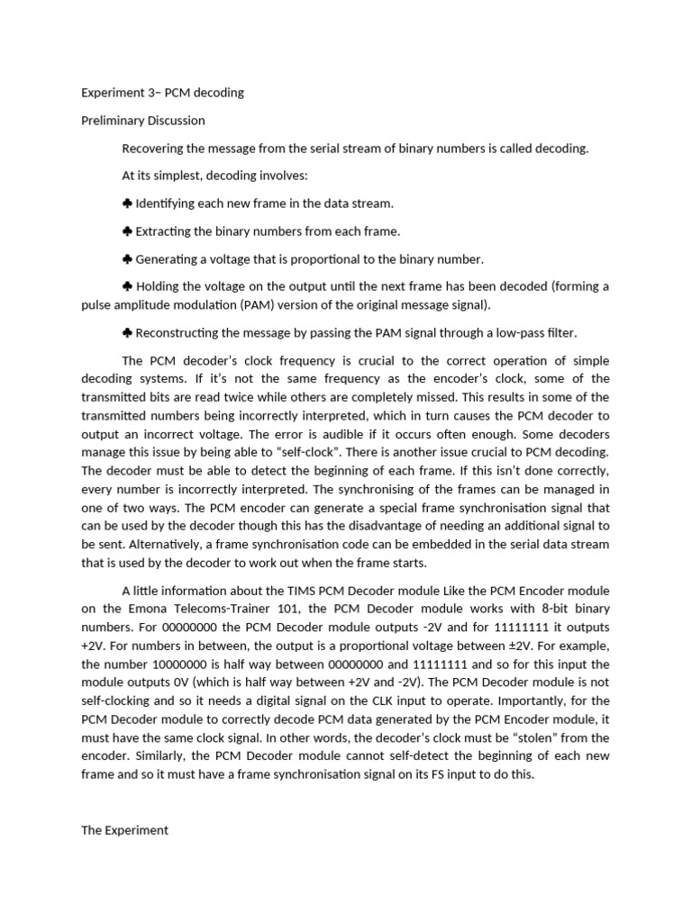 PCM Decoding Experiment Overview | PDF | Codec | Data Compression
