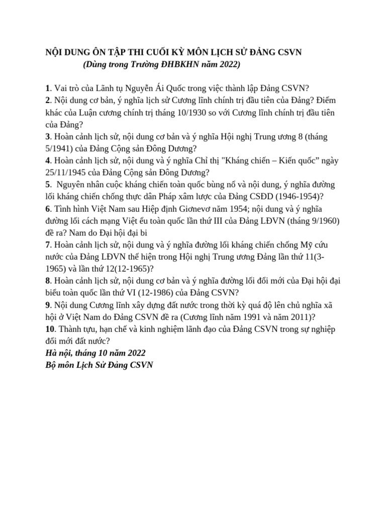 NỘI DUNG ÔN TẬP THI CUỐI KỲ MÔN LỊCH SỬ ĐẢNG CSVN | PDF