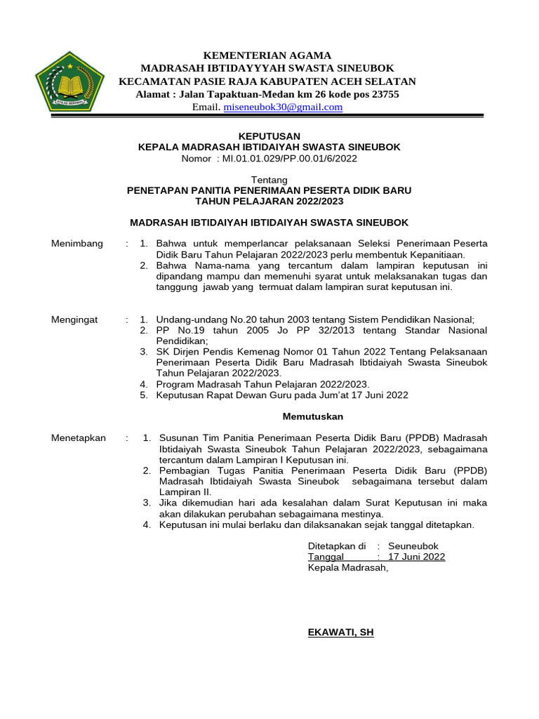 SK Panitia PPDB Madrasah 2022 | PDF