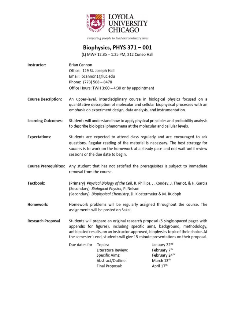Syllabus for PHYS 371-001 | PDF | Biophysics | Physics Syllabus for PHYS 371-001 | PDF | Biophysics | Physics