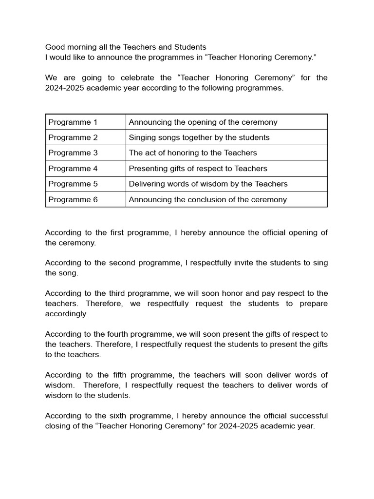 Teacher Honoring Ceremony 2024-2025 | PDF