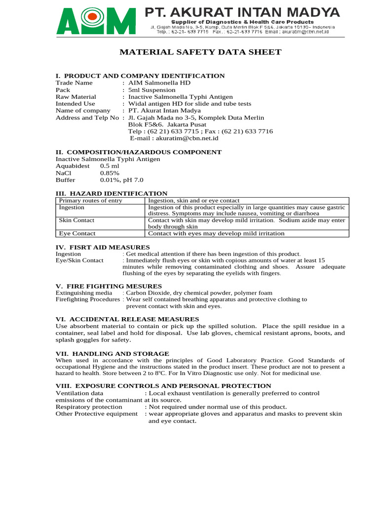 AIM Salmonella HD Safety Data Sheet | PDF | Personal Protective Equipment