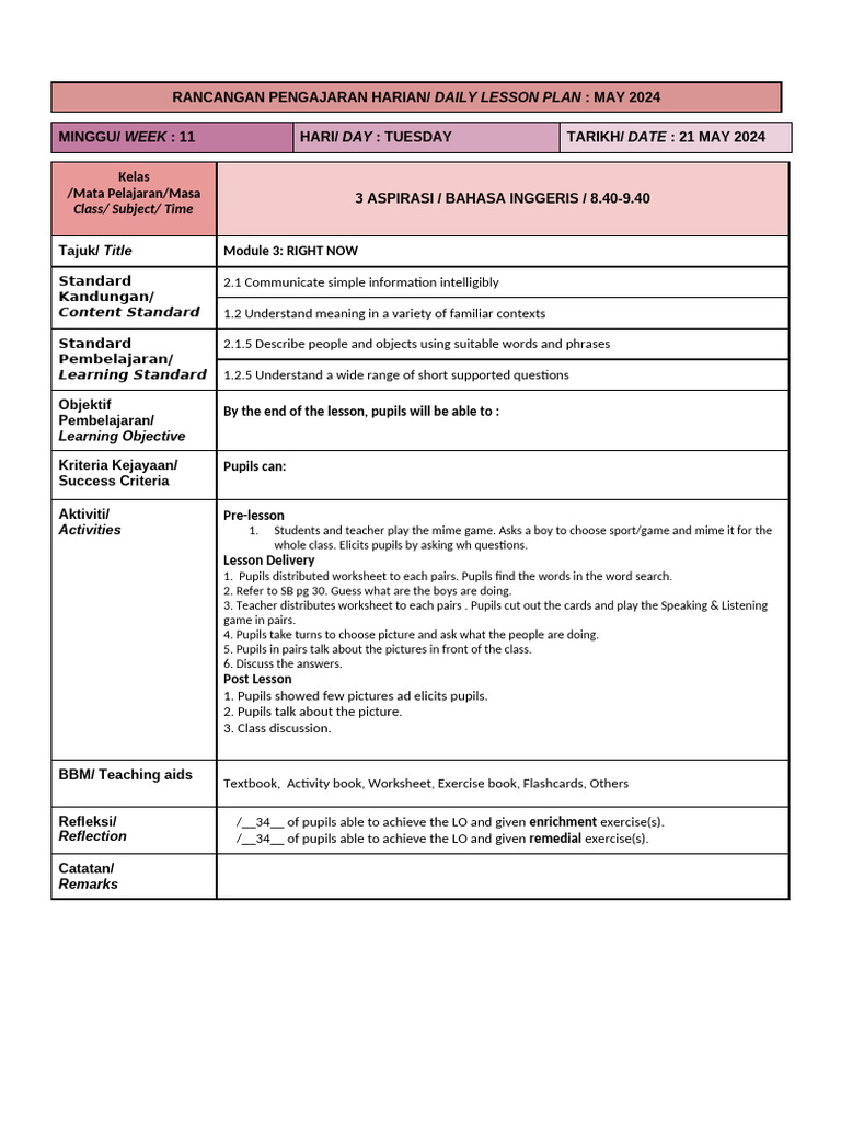 Contoh RPH Bahasa Inggeris Tahun 3 | PDF | Teaching | Cognitive Science