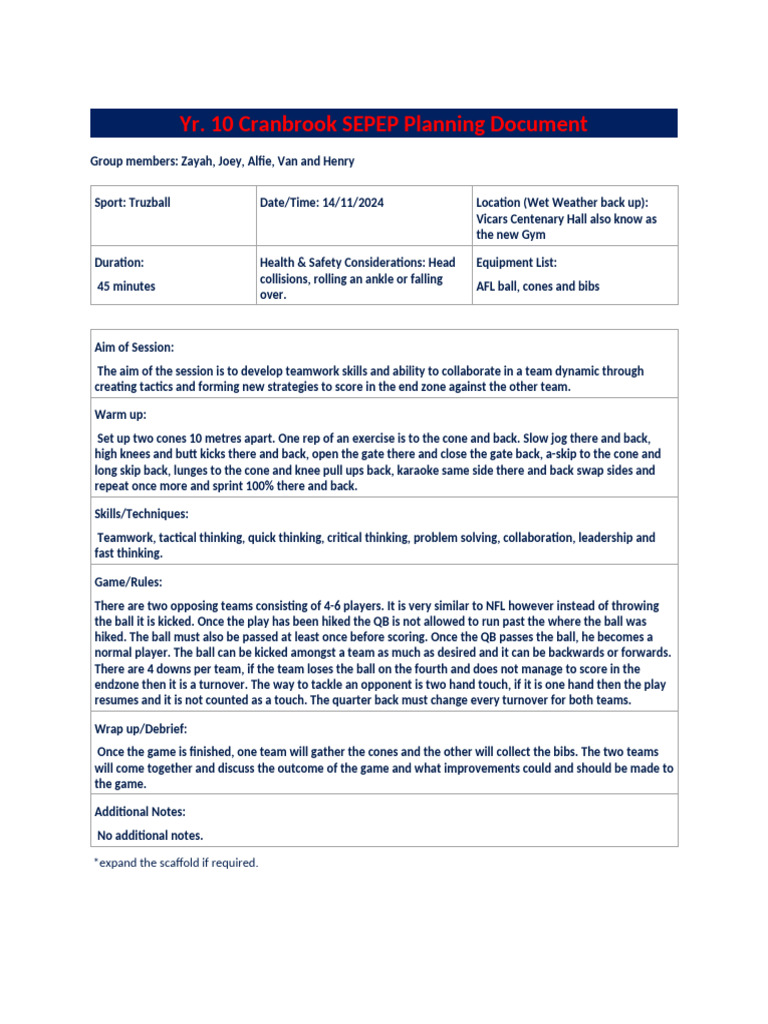 SEPEP Planning Scaffold | PDF | Football Codes | American Football