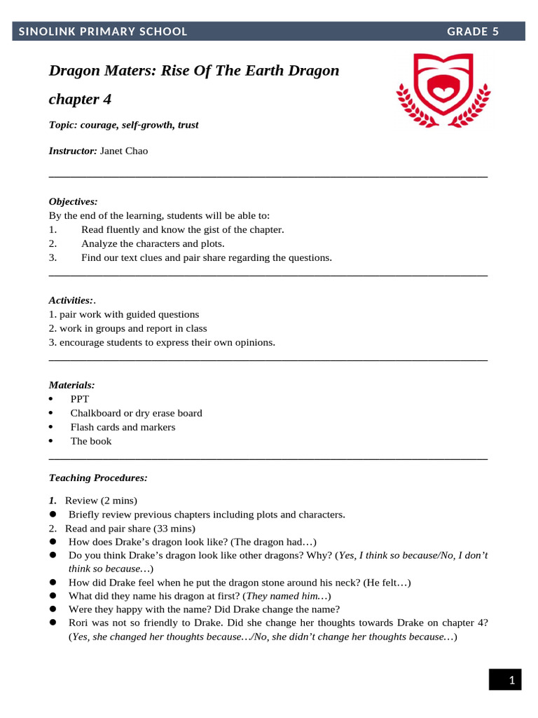lesson plan-dragon masters 4 | PDF