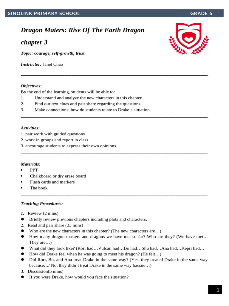 Grade 5 Lesson: Dragon Masters Chapter 3 | PDF