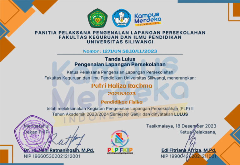 Sertifikat PLP 2 Atas Nama Putri Haliza Rachma 2 | PDF