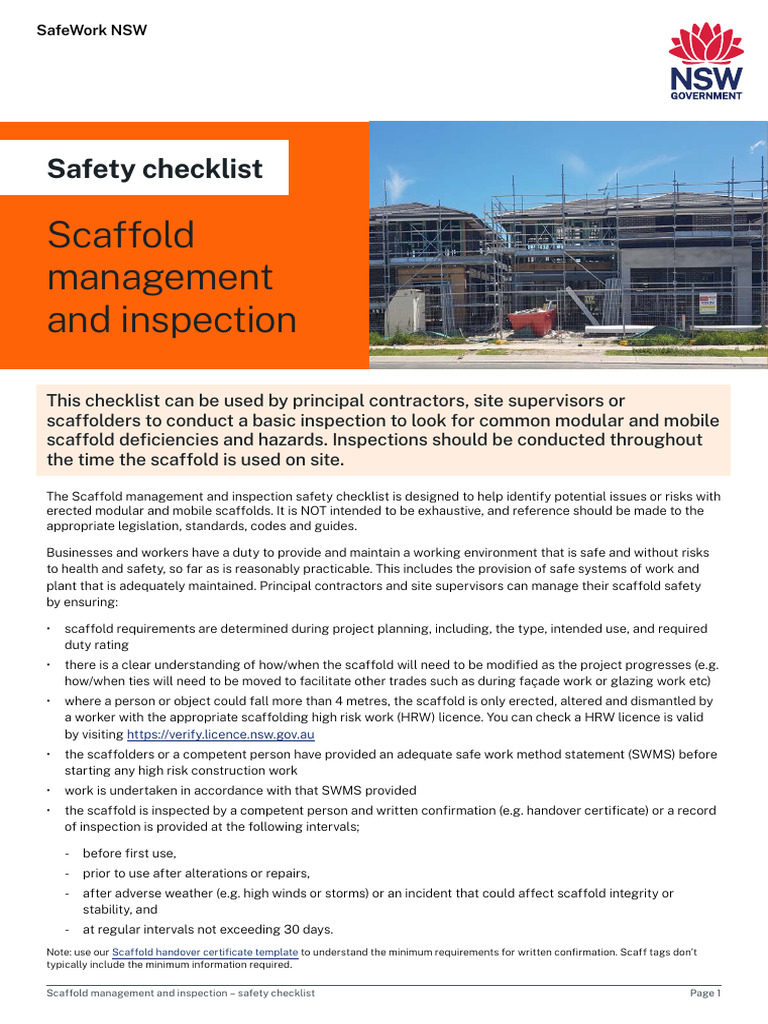 Safework NSW Scaffold Management and Inspection Safety Checklist | PDF ...