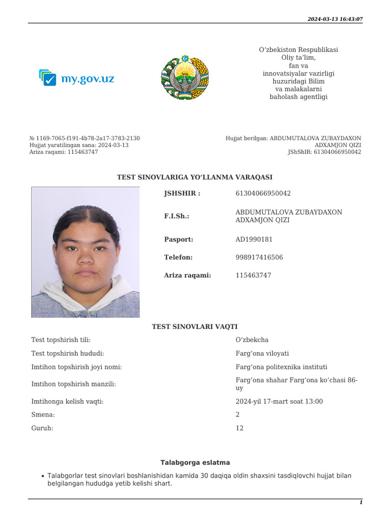 Test Sinovlariga Yo Llanma Varaqasi Jshshir: F.I.Sh.: Pasport: Telefon ...