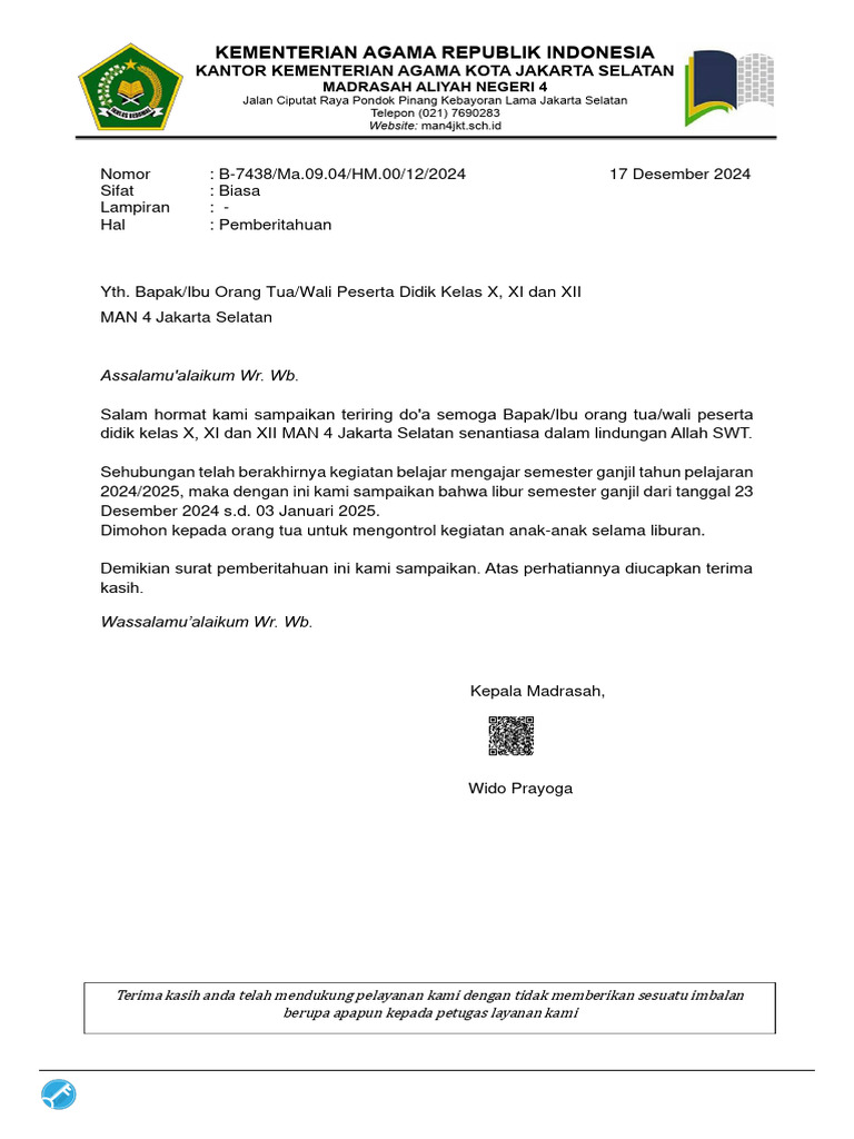 7438 - Surat Pemberitahuan Libur Semester Ganjil Tahun Pelajaran 2024-2025 | PDF