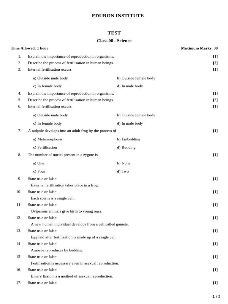 8th Science Test | PDF | Fertilisation | Sexual Reproduction