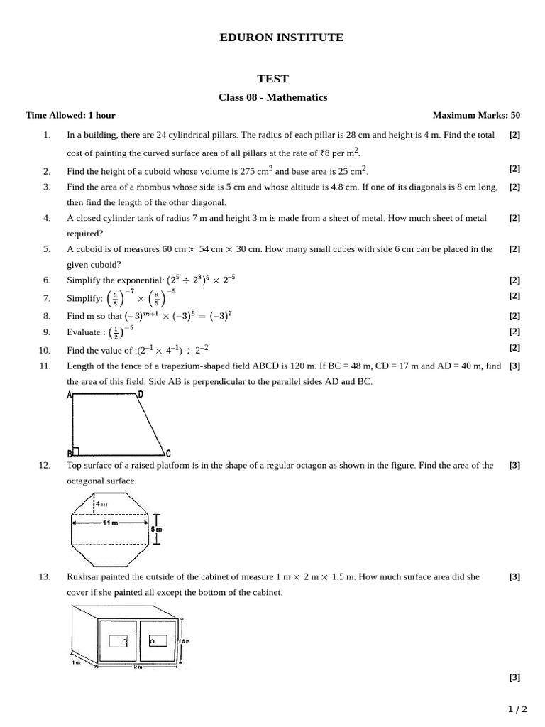 Class 08 Mathematics Test Questions | PDF | Area | Volume