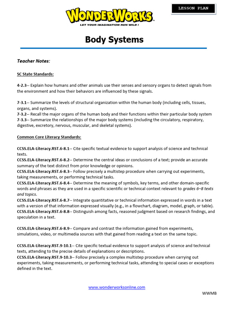 Body Systems Lesson Plan | PDF | Information | Measurement