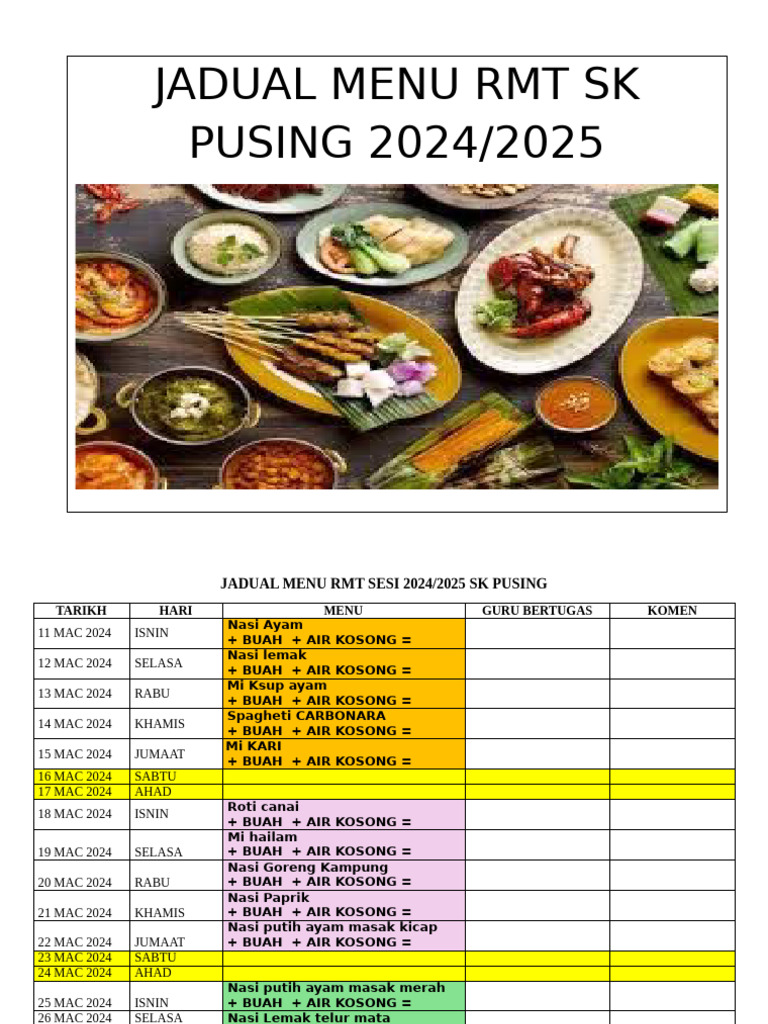Jadual Menu RMT Sesi 2024 | PDF