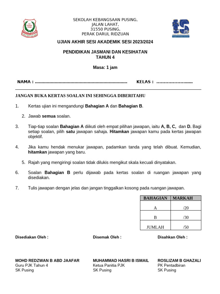 PJK Tahun 4 Uasa 2024 | PDF