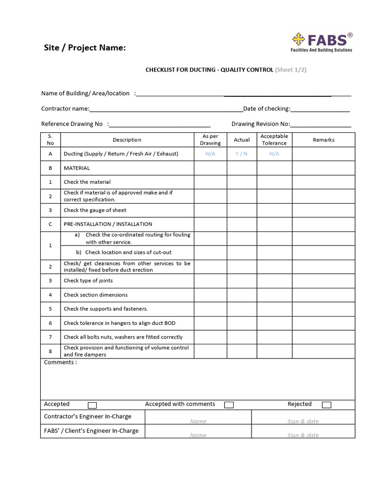 22.07_ Ducting check list | PDF | Duct (Flow) | Engineering Tolerance