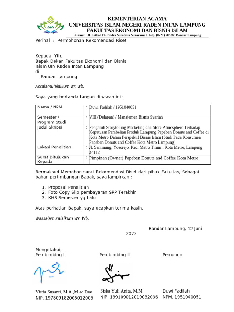 Formulir Surat Permohonan Rekomendasi Riset | PDF