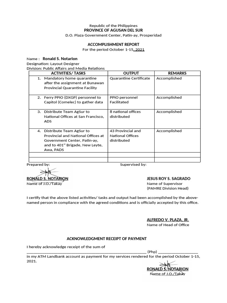 Accomplishment Report Dodz Oct. 1-15, 2021 | PDF | Philippines