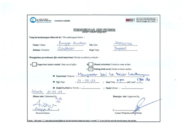 (Form Ijin Pendek) Angga Anindya Putra 21.03.23 | PDF