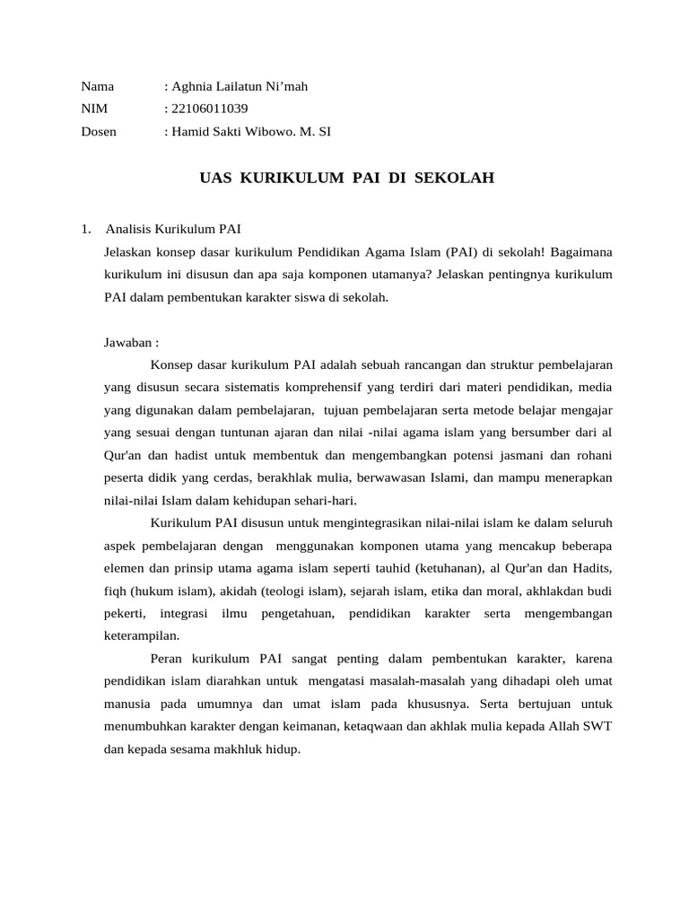 UAS - Kurikulum Pai Di Sekolah | PDF