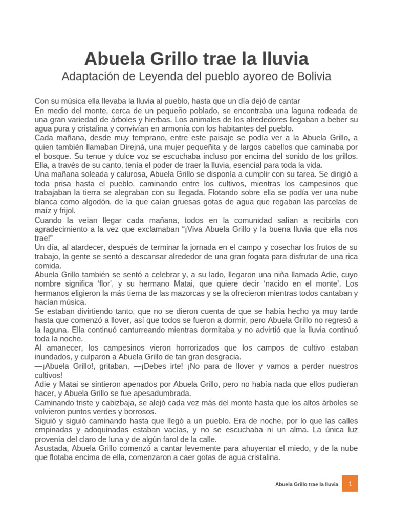 Leyenda de Abuela Grillo y la lluvia | PDF | Lluvia