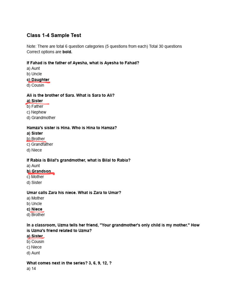 Class 1-4 Sample Test | PDF | Frog | Yellow