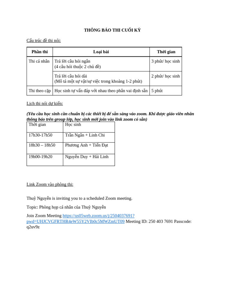 Thông Báo Thi Cuối Gd1 Speaking | PDF