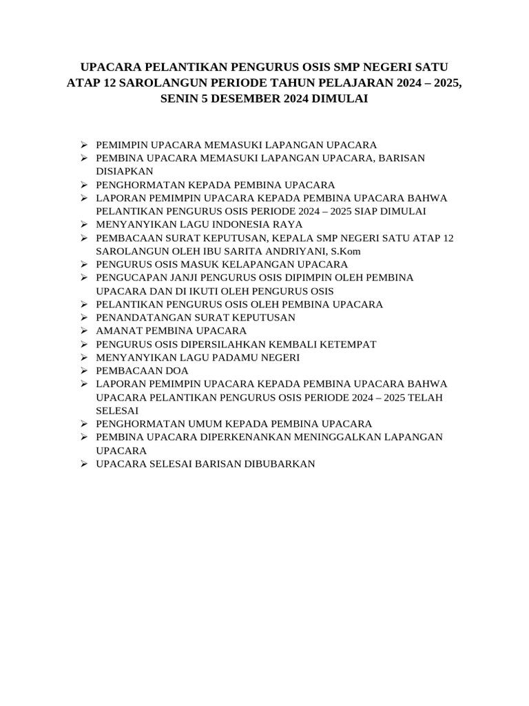 Susunan Acara Pelantikan Osis 2024-2025 | PDF