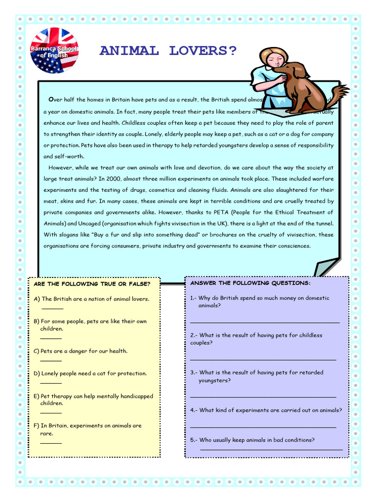 Reading Comprehension Exercise-Animal Lovers | PDF | Pet | Animals And ...