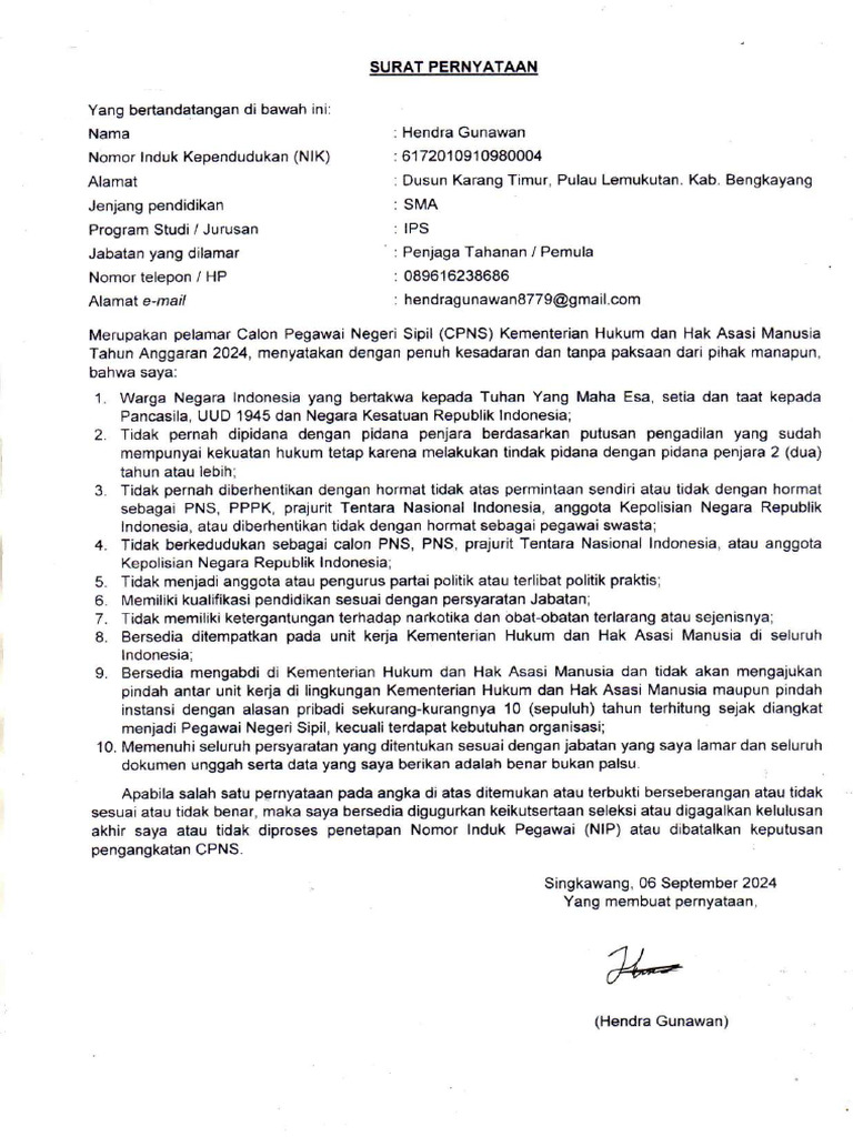 SURAT PERNYATAAN HENDRA - Compressed | PDF