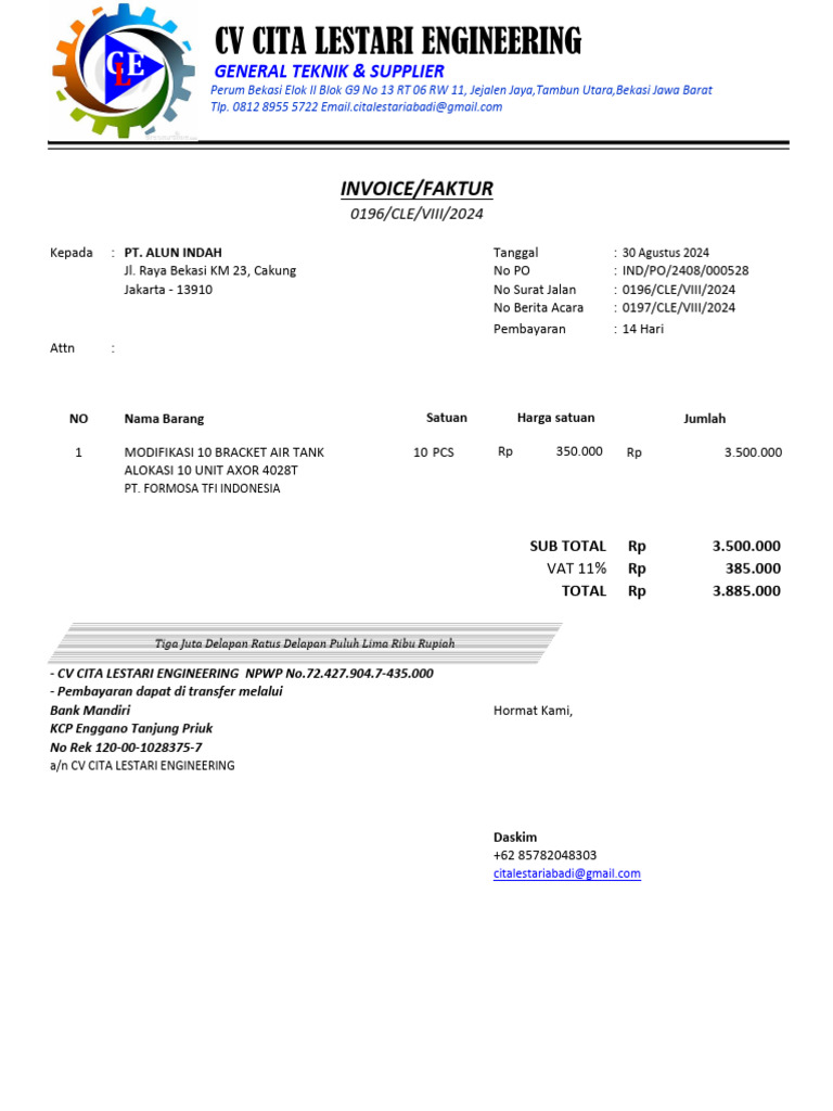 0196 Invoice Pt. Alun Indah | PDF