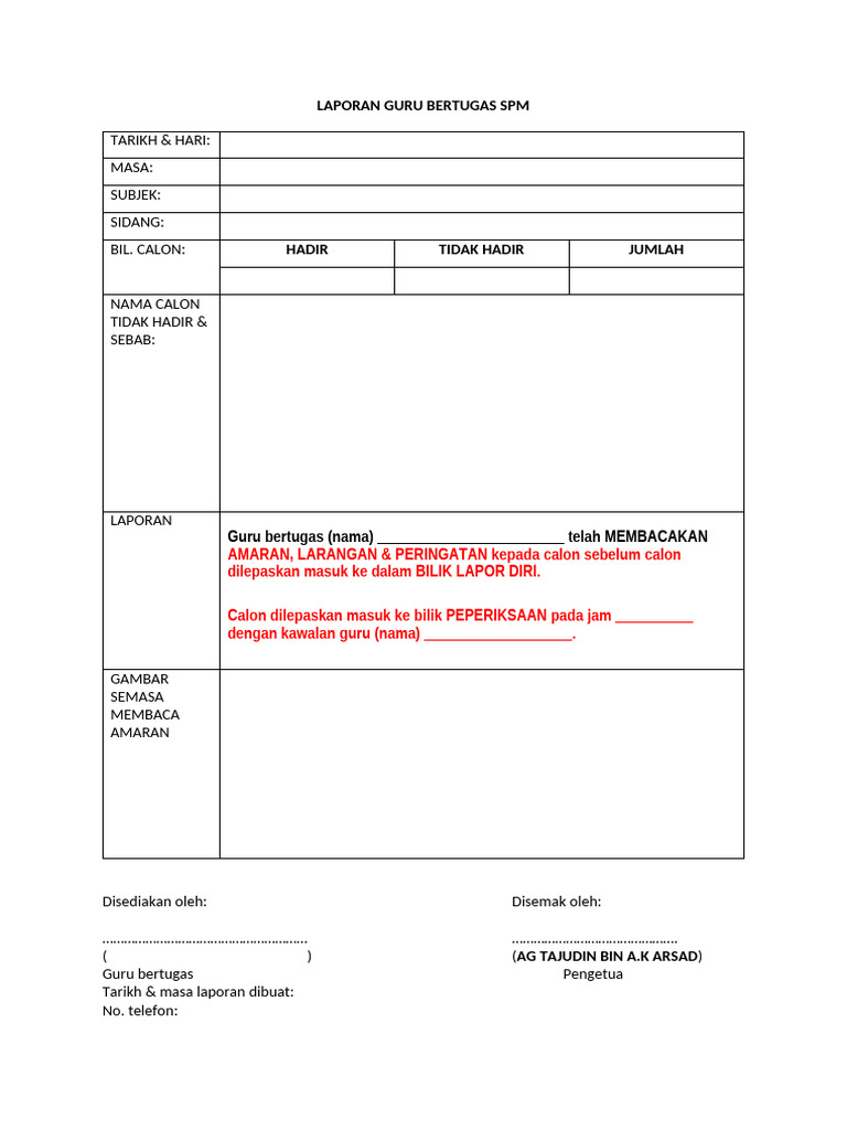 Laporan Guru Bertugas SPM | PDF