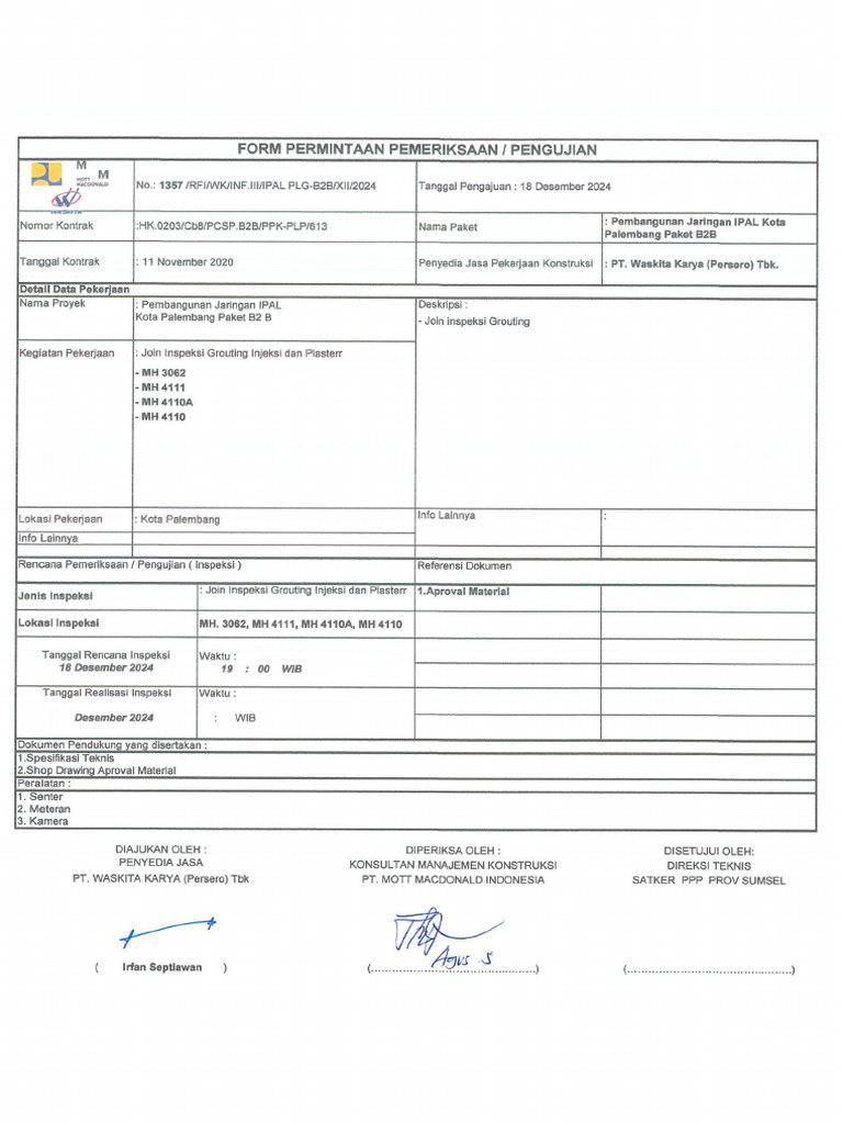 RFI 1357 - Join Inspeksi Grouting Injeksi & Plester | PDF