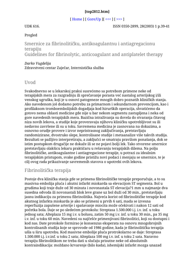 Smernice Za Fibrinolitičku, Antikoagulantnu I Antiagregacionu Terapiju | PDF