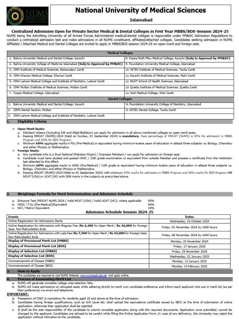 2024 Ad for Centralized Admissions MBBSBDS Session 2024 25 Private Sector1729060636 | PDF ...