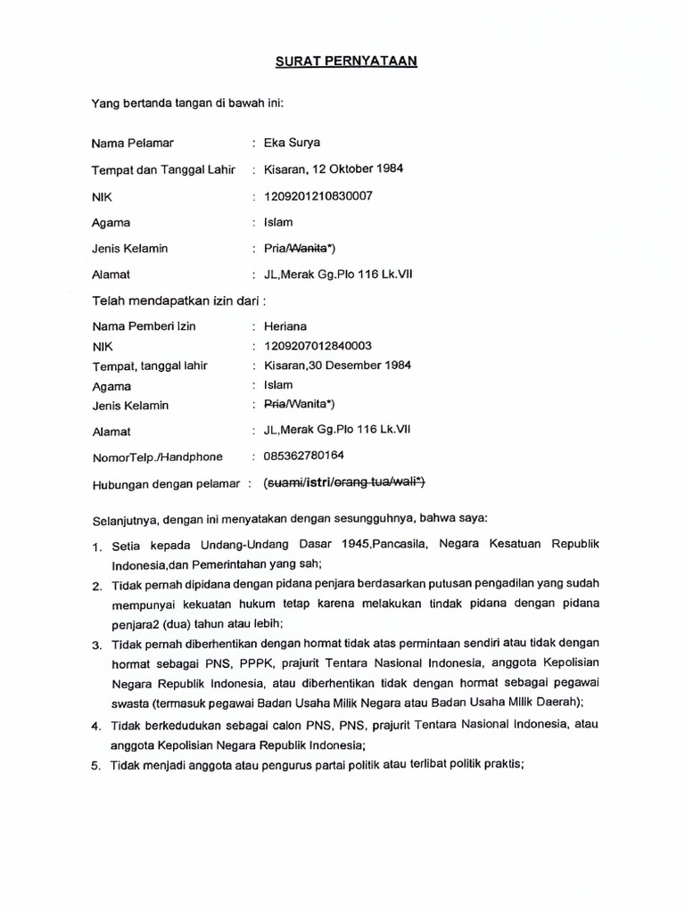 Surat Pernyataan Eka Surya | PDF