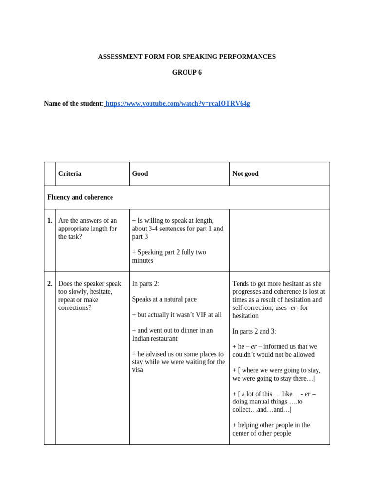 Assessment Form For Speaking Performances | PDF | Vocabulary | Word