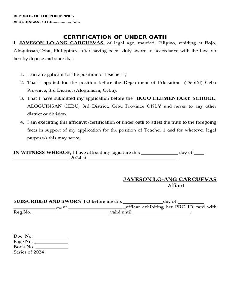 Certification of Under Oath | PDF