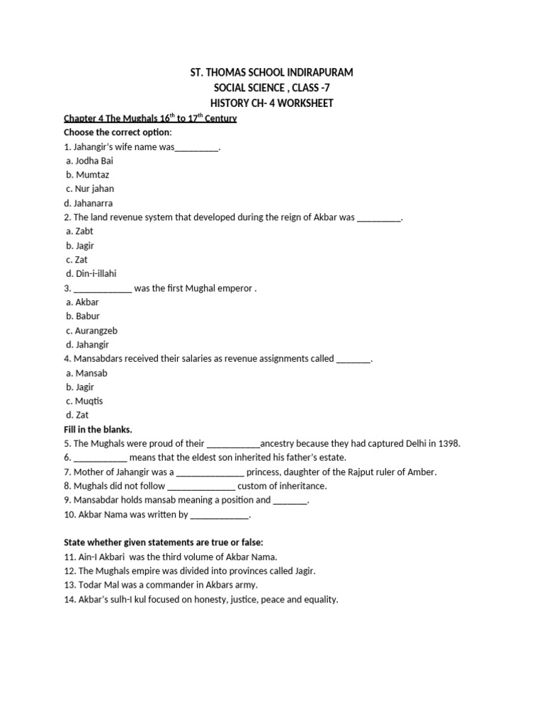 Class 7 Mughal Empire Worksheet | PDF | Mughal Empire