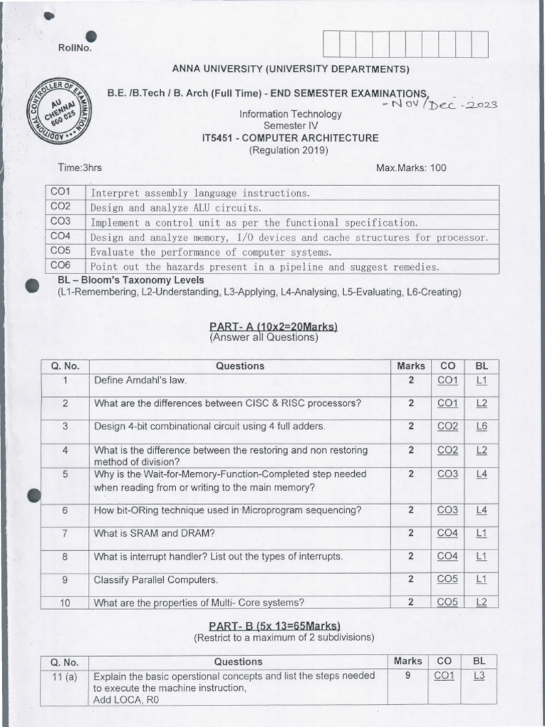 It 5451 Computer Architecture | PDF | Computer Engineering | Computer Architecture