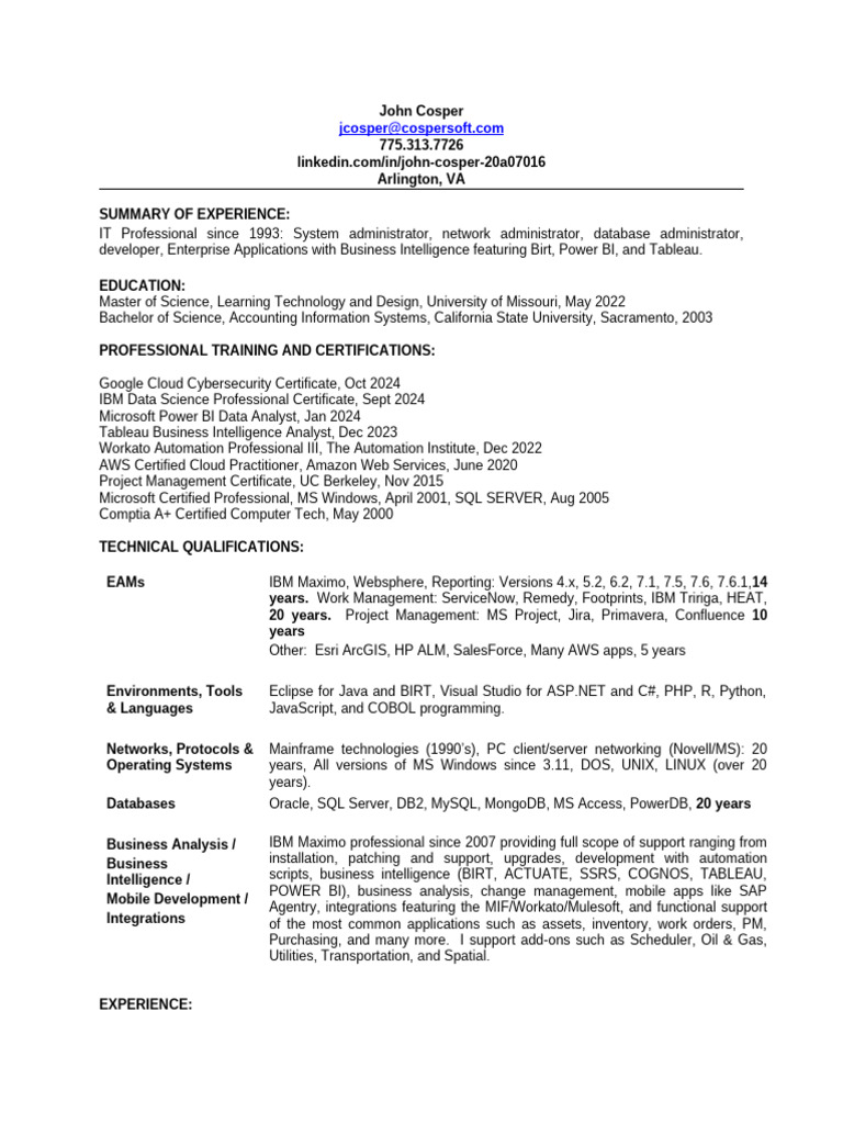 John Cosper: IT & Maximo Expert Profile | PDF | Databases | Microsoft ...
