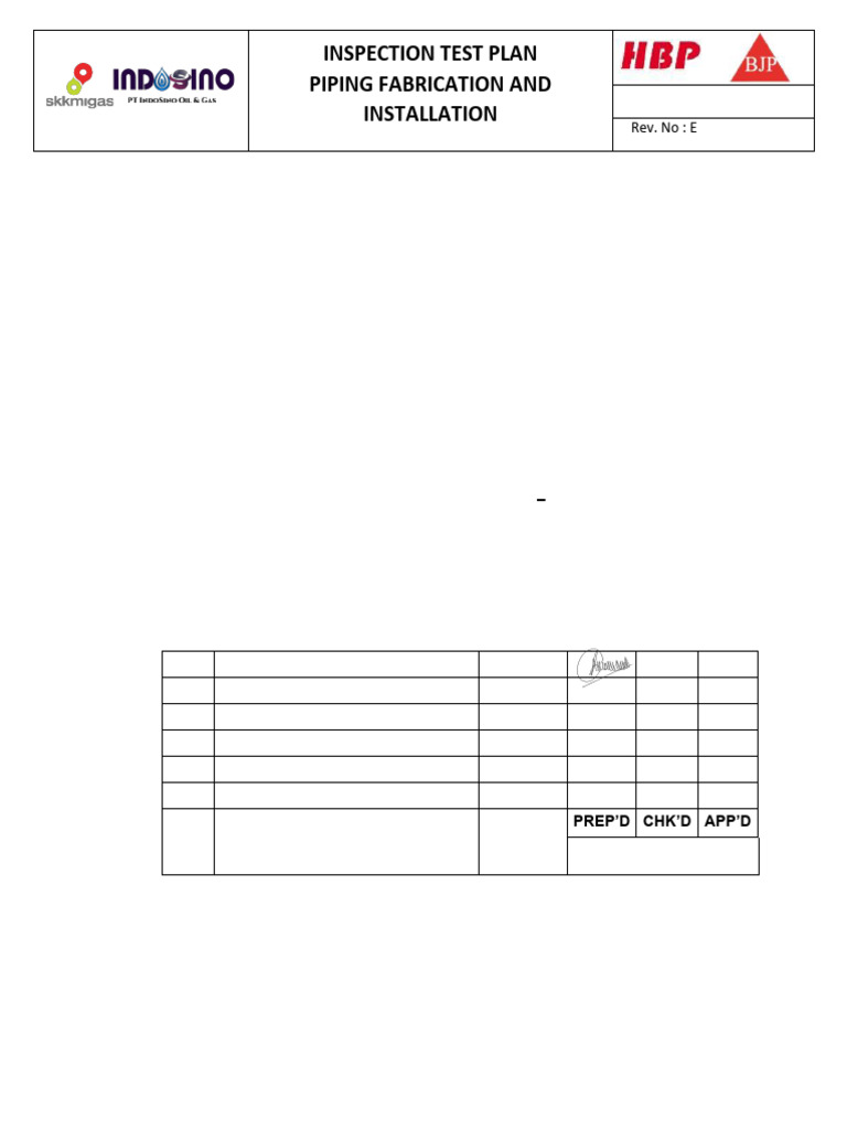 Itp-Bjp-Cpfc-Qc-Pip-001-Inspection Test Plan For Piping | PDF | Welding ...