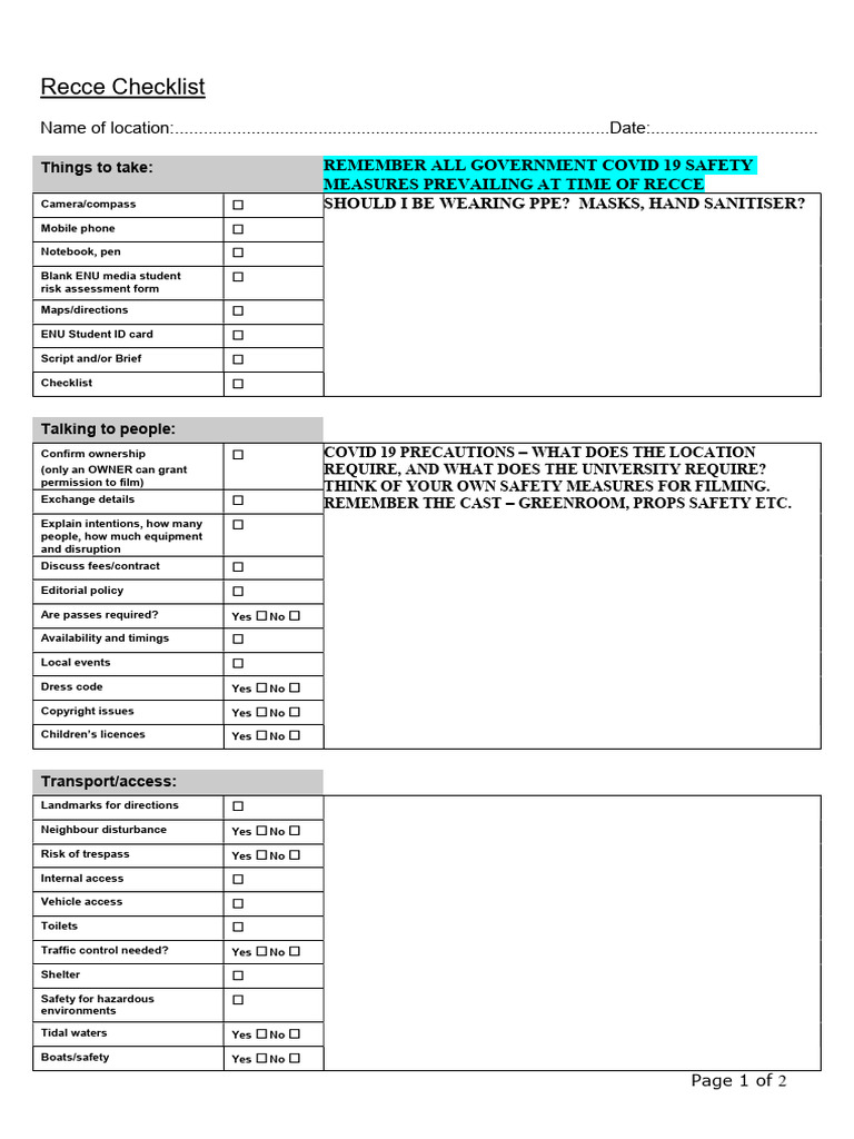 Recce Checklist - Covid 19 Version July 20 (1699) | PDF
