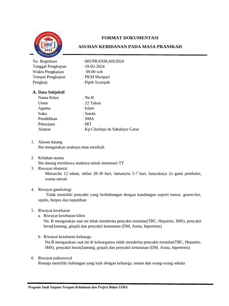 Asuhan Kebidanan Pranikah Nn. R 22 Tahun | PDF