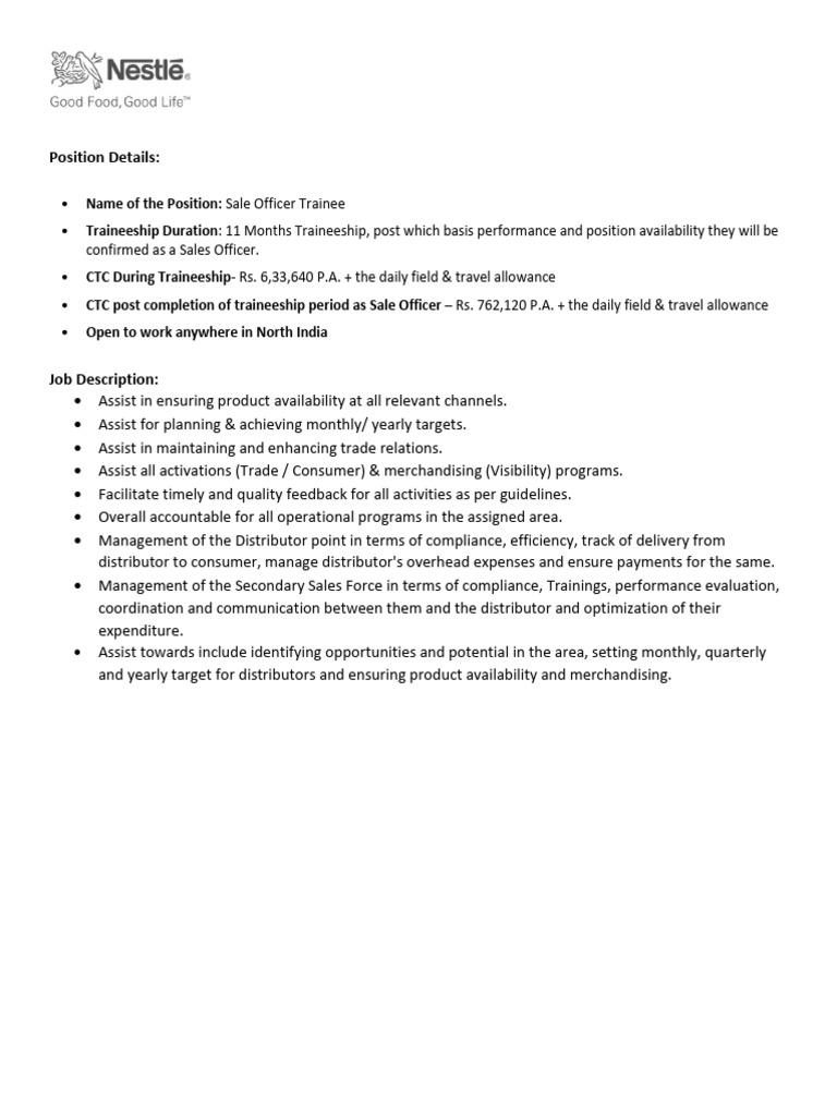 Sales Officer Trainee Position in North India | PDF