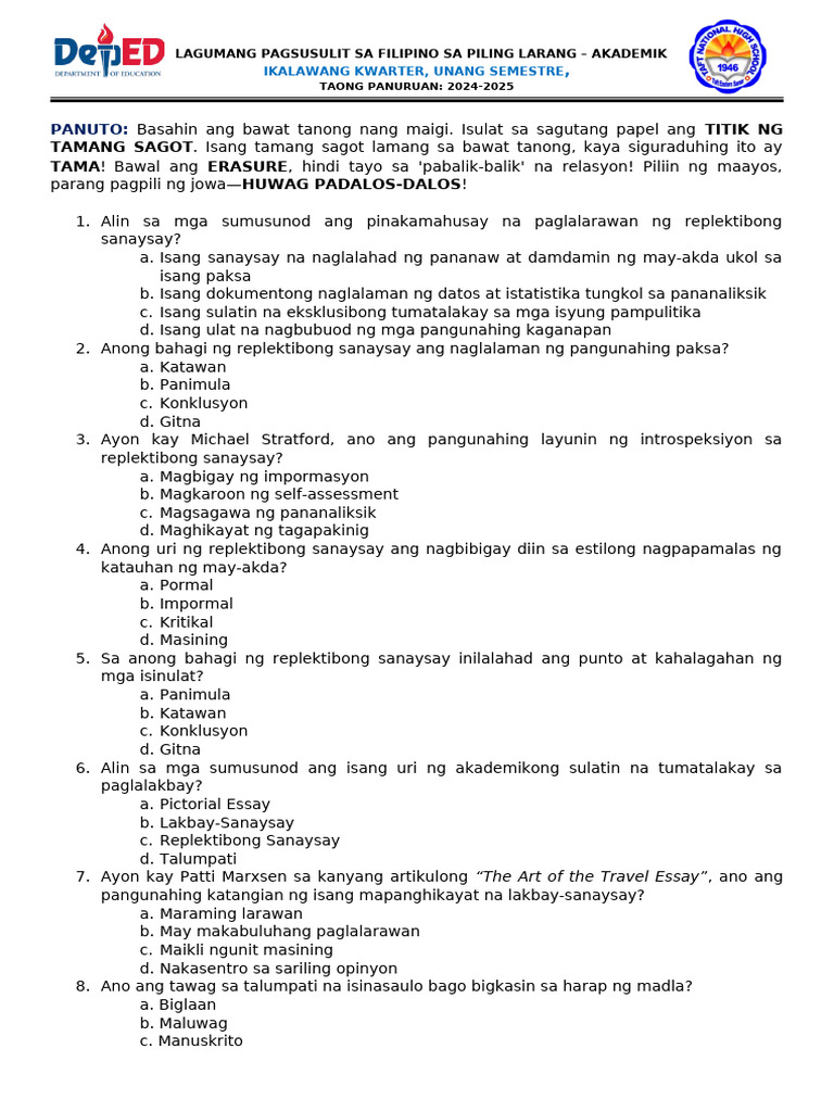 Pinal Na Lagumang Pagsusulat Sa Filipino Sa Piling Larang | PDF