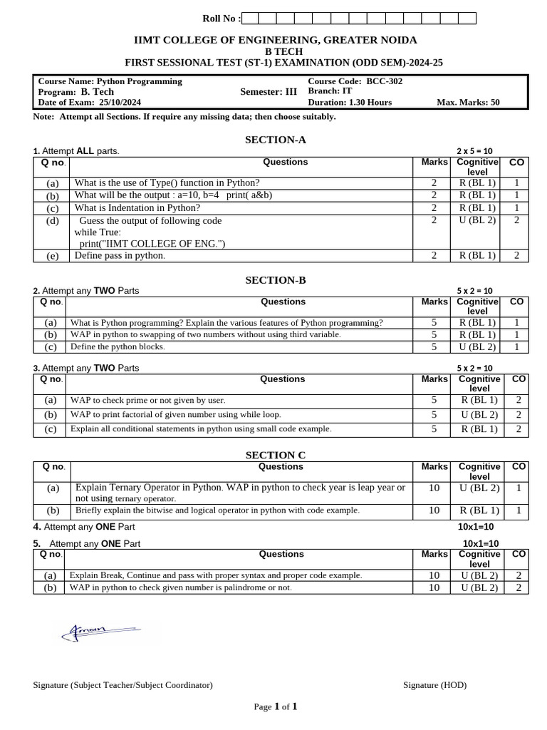 Python Programming Exam Paper 2024-25 | PDF | Python (Programming ...