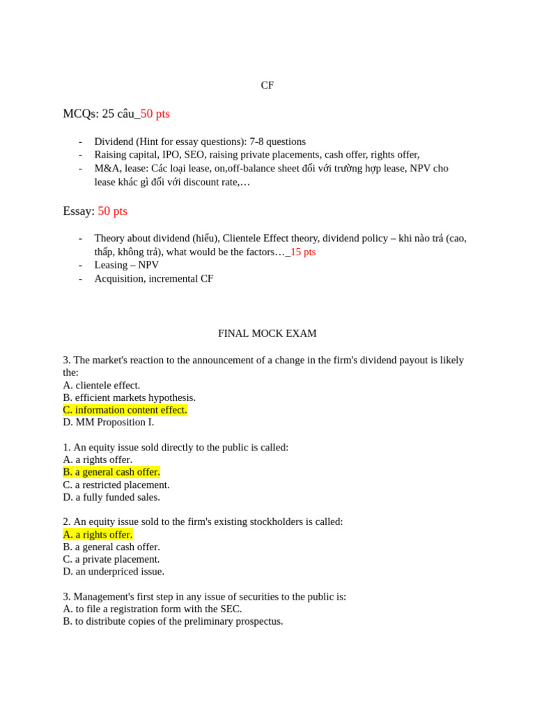 Final Mock Exam | PDF | Dividend | Equity (Finance)